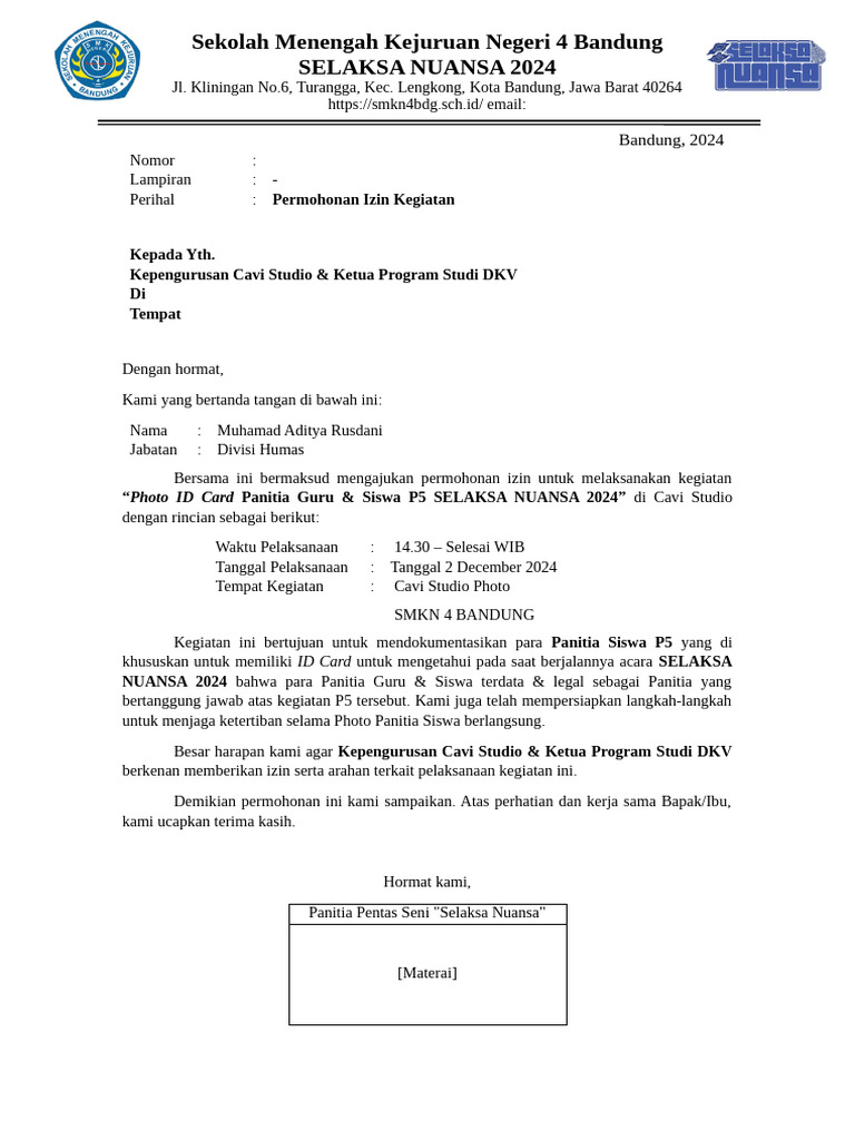 Surat Perizinan Photo Panitia Guru & Siswa SELAKSA NUANSA 2024 | PDF