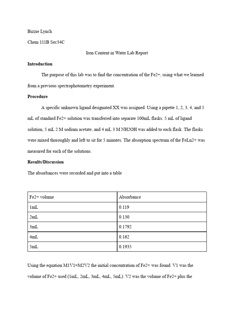 Iron Concentration Lab Report | PDF | Ph | Iron