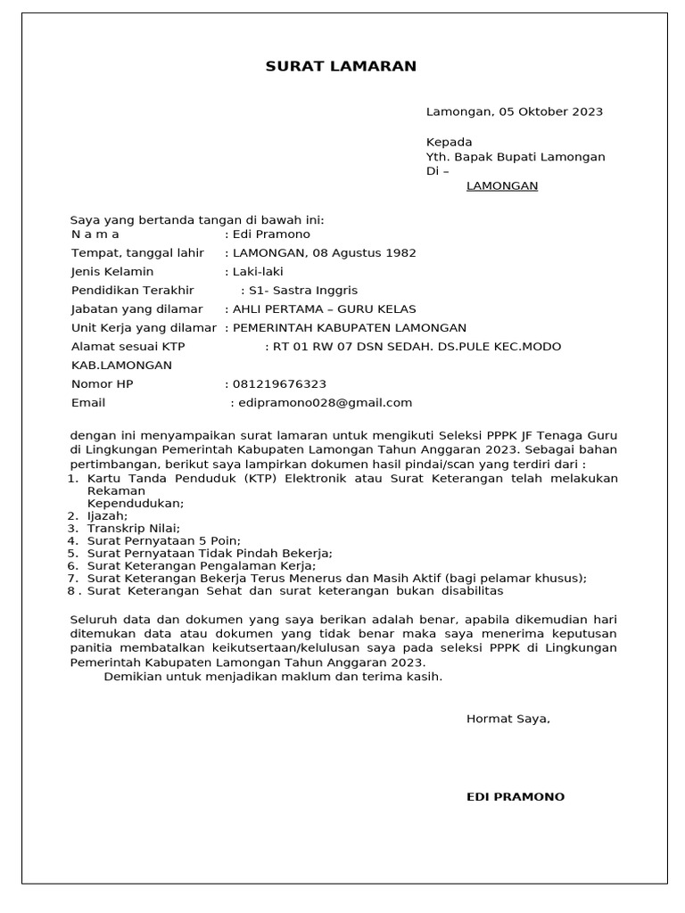 Format Surat Lamaran Edi Pramono | PDF