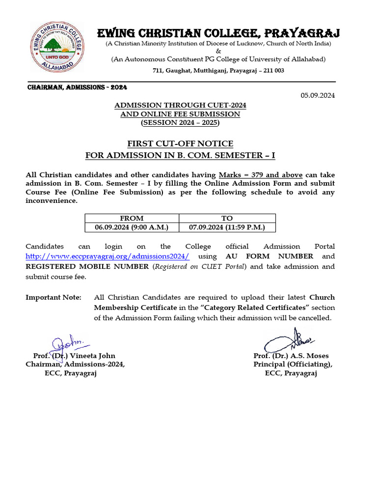 B.Com Admission Notice 2024 | PDF