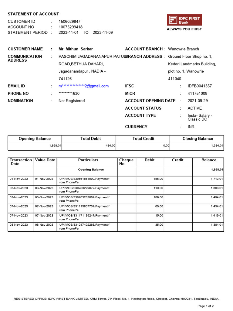 IDFCFIRSTBankstatement 10075299418 192527284 | PDF | Credit Card ...