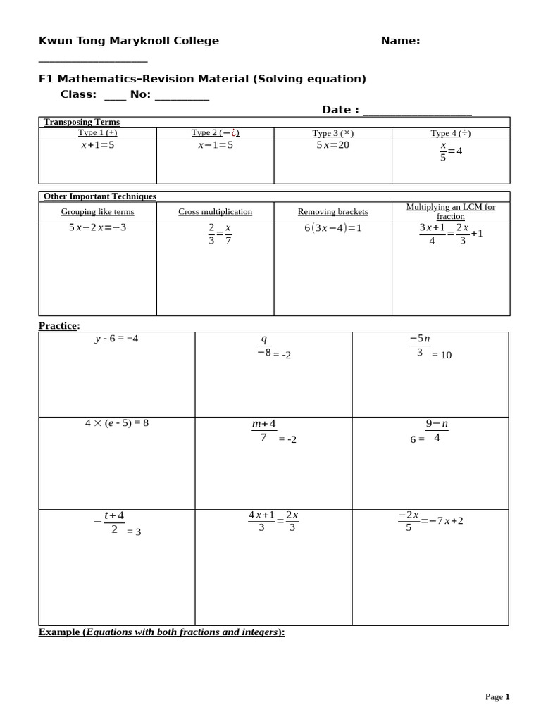 F.1 Lesson 1 - Solving Equations | PDF | Elementary Mathematics ...