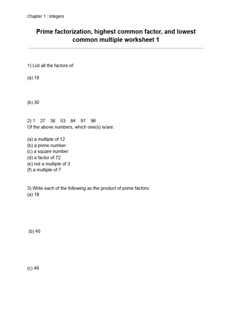 Prime Factorization, Highest Common Factor, and Lowest Common Multiple ...