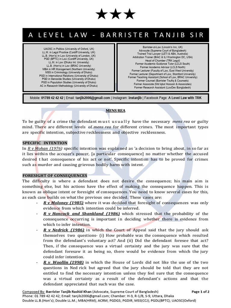 21. Mens Rea (TRK-A2) | PDF | Recklessness (Law) | Intention (Criminal Law)