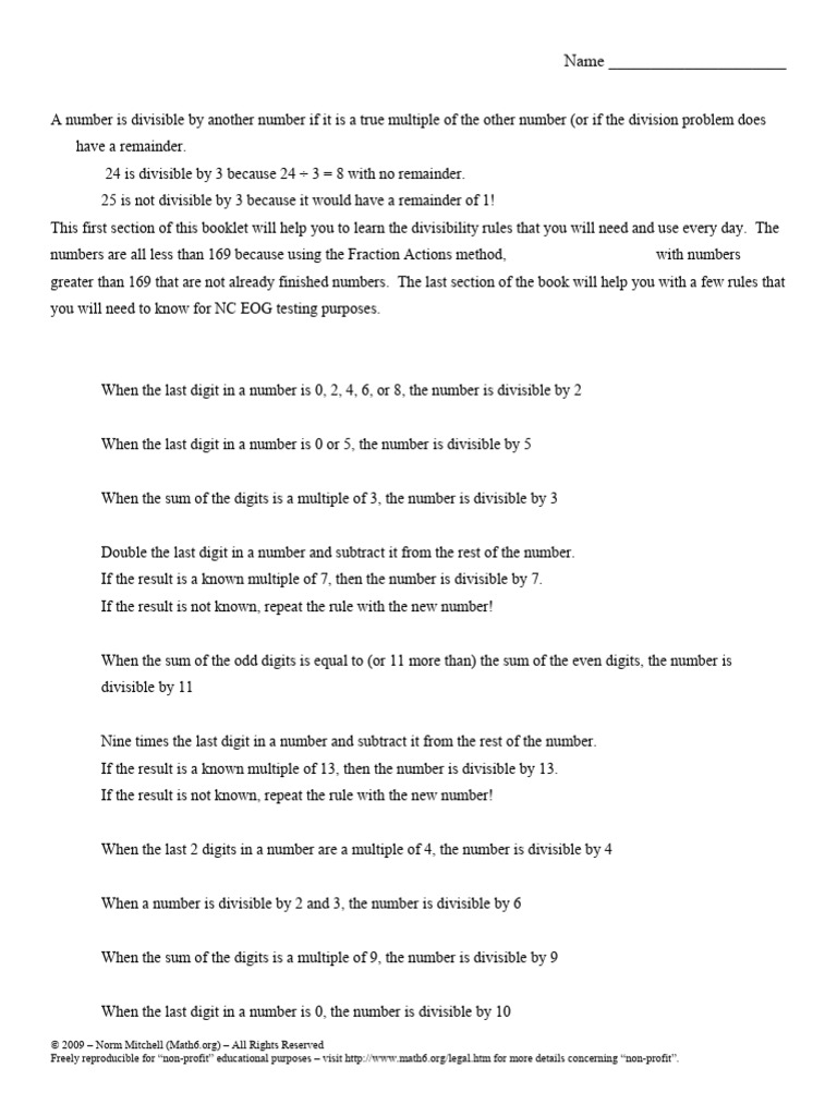 Divisibility Rules Workbook | PDF | Numbers | Factorization
