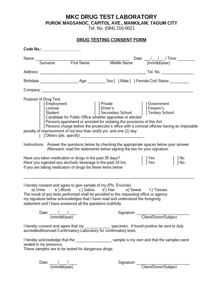 DRUG TESTING CONSENT FORM Final | PDF | Drug Test | Criminal Law