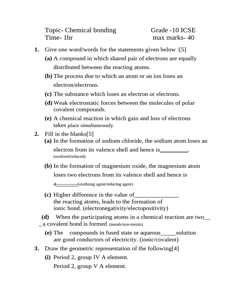 Grade 10 ICSE Chemical Bonding Quiz | PDF | Chemical Compounds ...