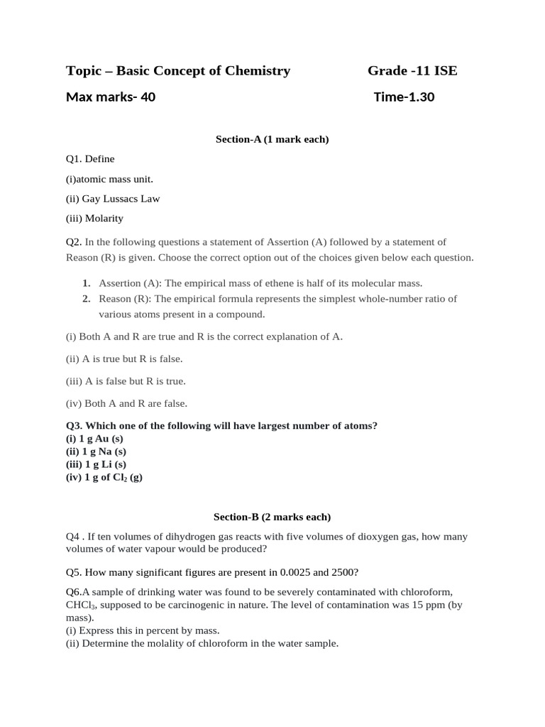 Basic Concepts of Chemisrty-IC-G11-QP | PDF | Mole (Unit) | Chemical ...