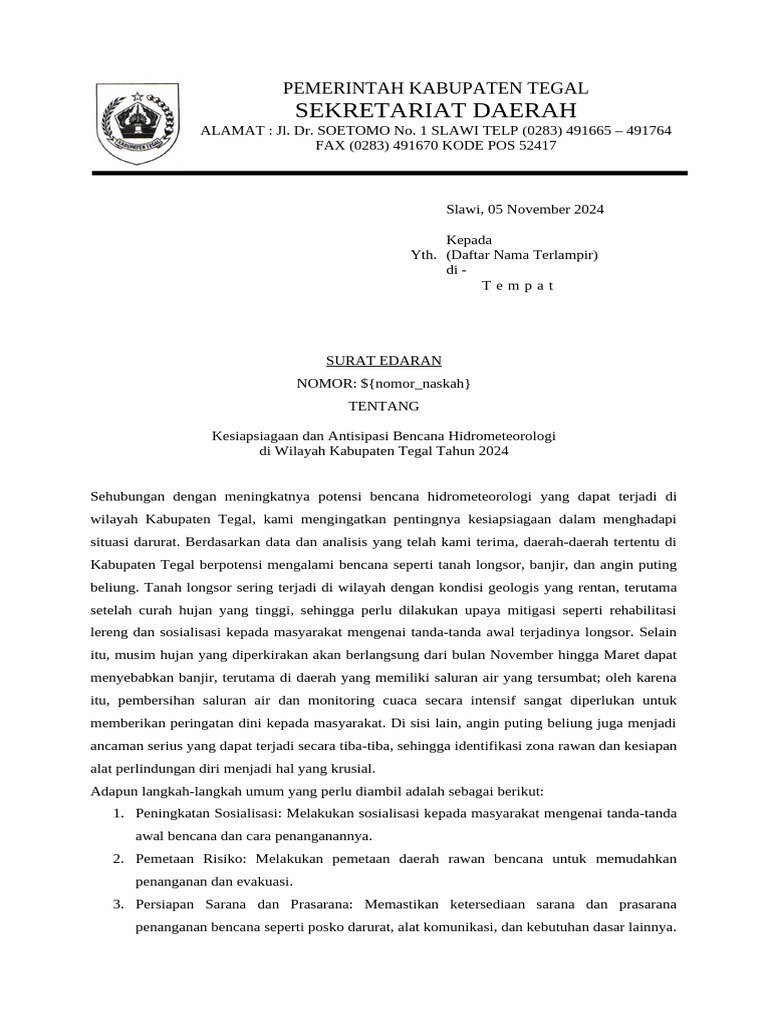 Surat Edaran Kesiapsiagaan Hidrometeorologi - Setda-Bpbd-2024 | PDF