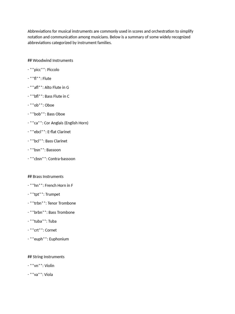 Abbreviations For Musical Instruments | PDF