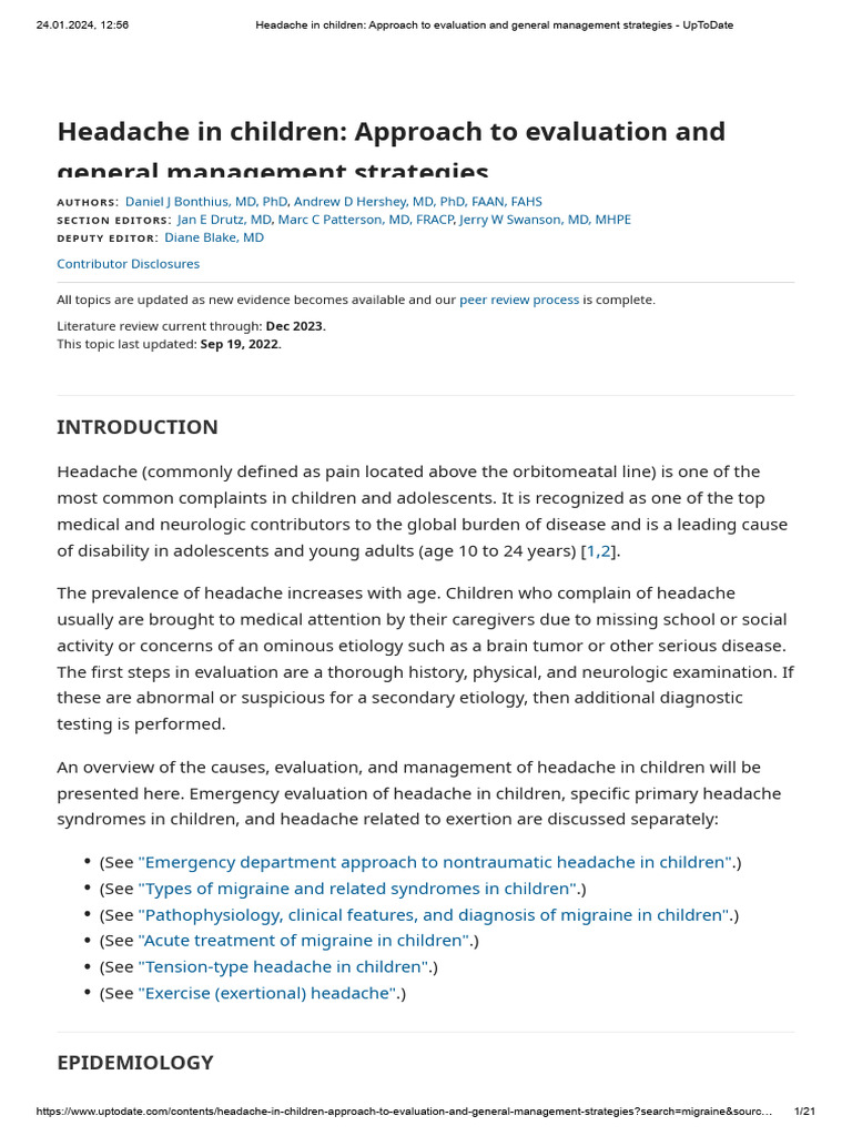 Headache in Children - Approach To Evaluation and General Management ...