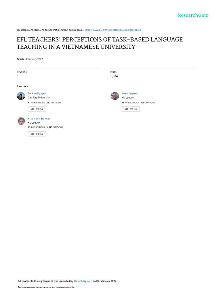 EFL Teachers' Perceptions of Task-Based Langauge Teaching in Vietnamese ...