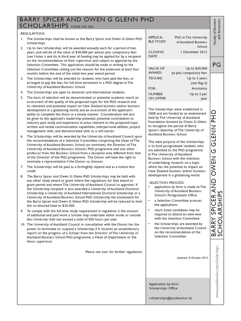 Barry Spicer & Owen G Glenn PhD Scholarships | PDF | Doctor Of ...