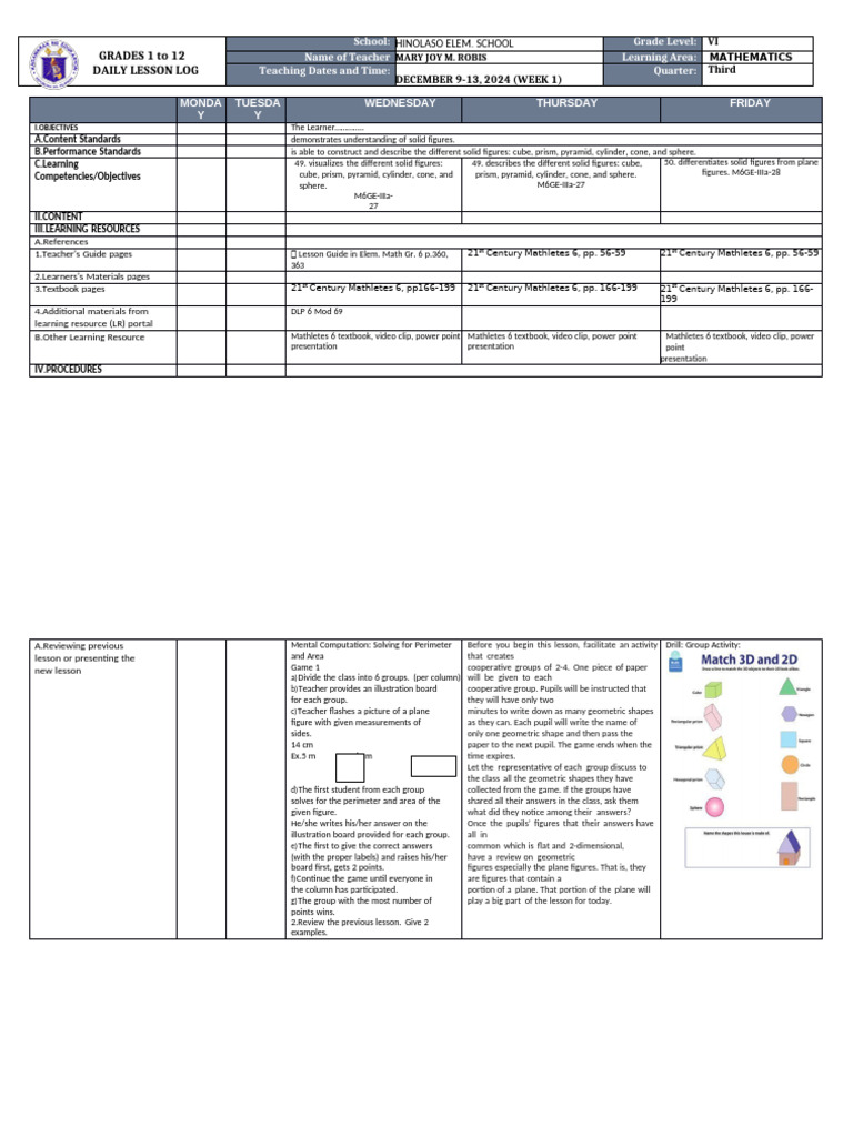 DLL_MATHEMATICS 6_Q3_W1 | PDF | Shape | Area