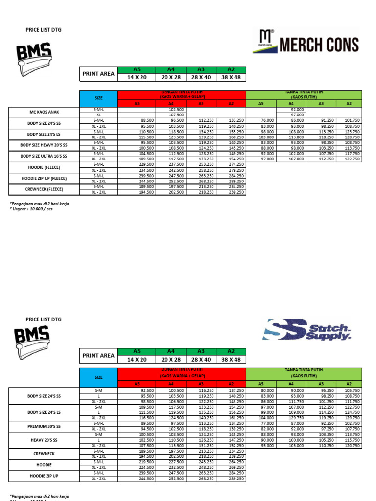 Price_List_DTG_2024 | PDF