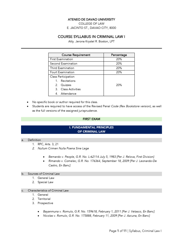Syllabus Criminal Law Updated | PDF | Mens Rea | Criminal Law