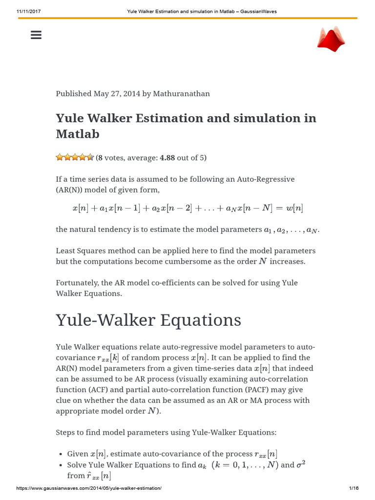 Yule Walker Estimation And Simulation Pdf Estimator Estimation Theory