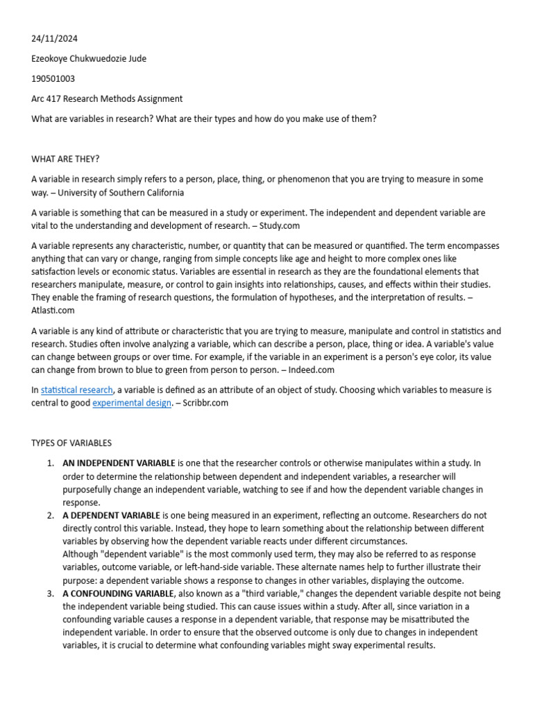 Jude's ARC417 Assignment 24112024 | PDF | Dependent And Independent Variables | Experiment