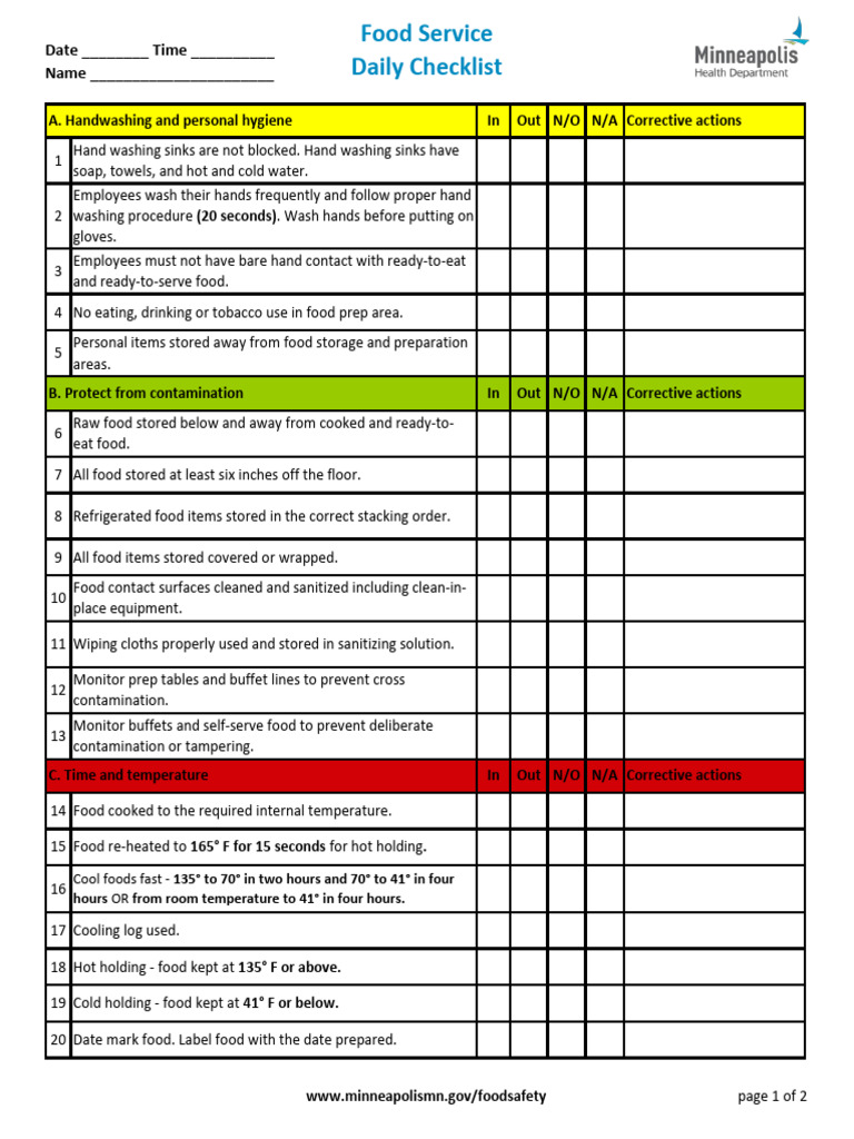 Food Service Daily Daily Checklist - 1 | PDF | Hand Washing | Refrigerator