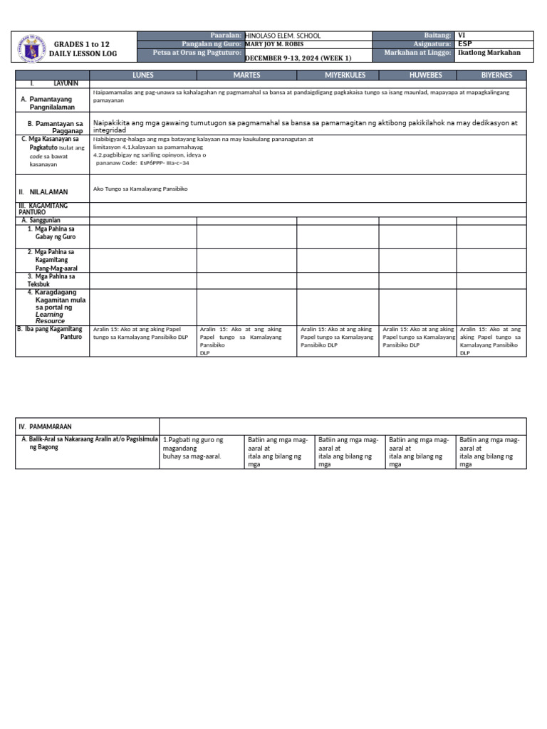 DLL - Esp 6 - Q3 - W1 | PDF