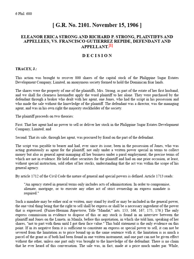 95 Strong v. Gutierrez Repide, 6 Phil. 680 | PDF | Law Of Agency ...
