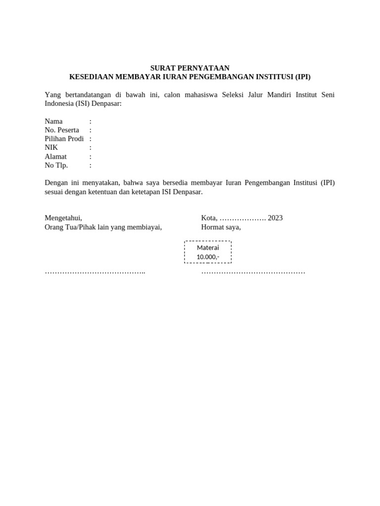 Suratpernyataan_Template- Pernyataan Kesediaan Membayar IPI (2) (1) | PDF
