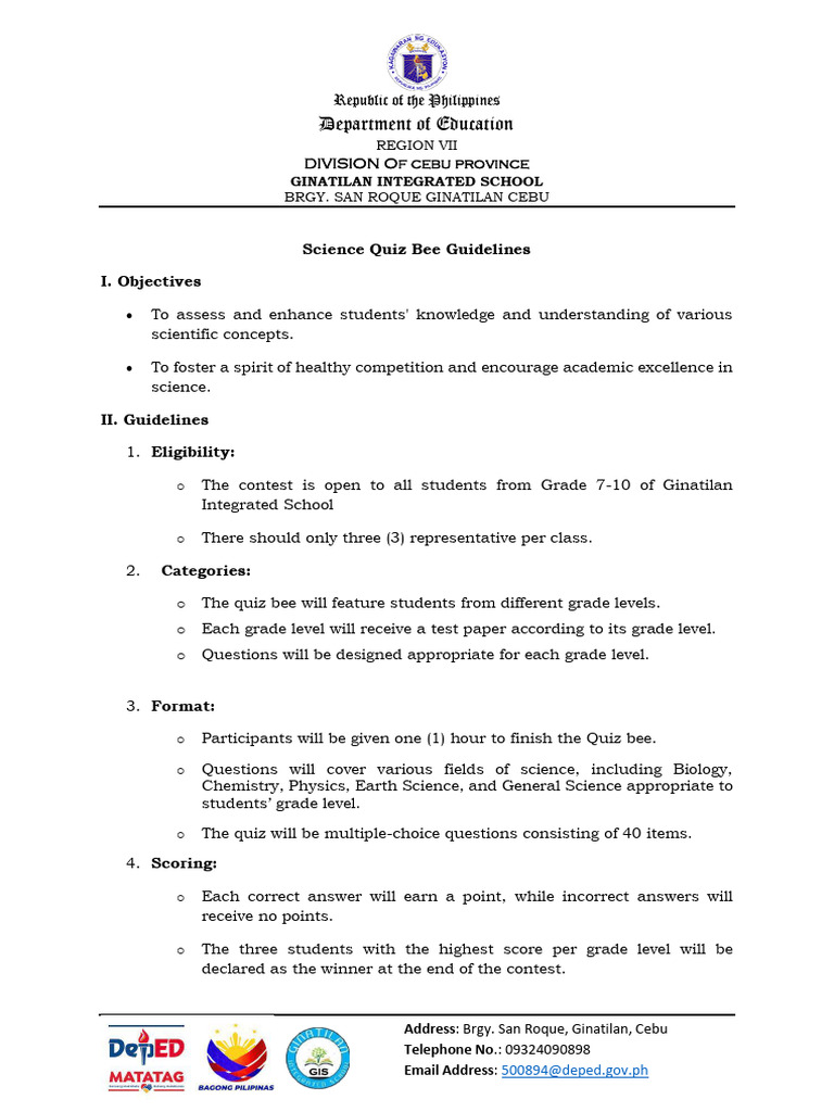 Science Quiz Bee 2024-2025 Guidelines | PDF | Science | Multiple Choice