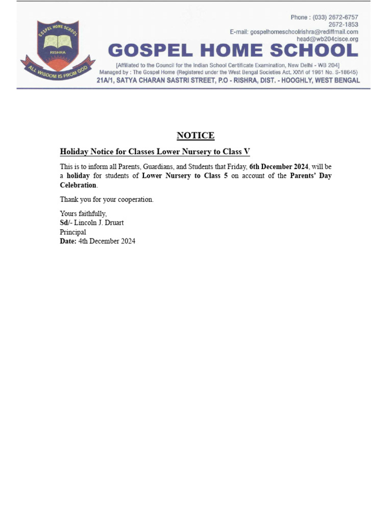 Holiday Notice LN To Class5 | PDF