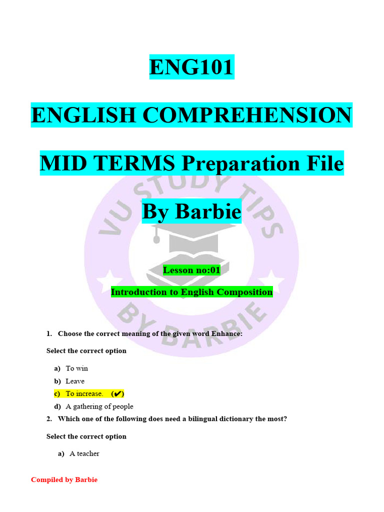 ENG101 Lession Wise Midterm MCQs by Barbie | PDF | Essays | Comma