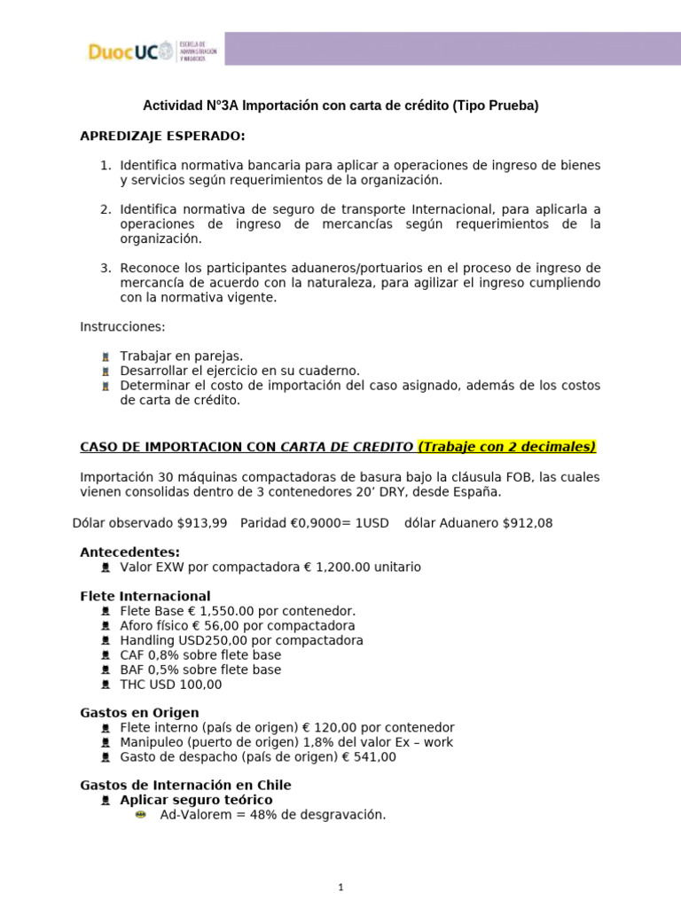 Actividad 3A Costos - Importacion - Carta - de - Credito 2024 | PDF | Dólar de los Estados ...