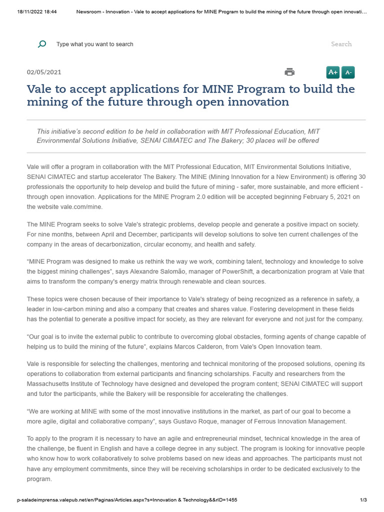 Newsroom_-_Innovation_-_Vale_to_accept_applications_for_MINE_Program_to ... Newsroom_-_Innovation_-_Vale_to_accept_applications_for_MINE_Program_to ...