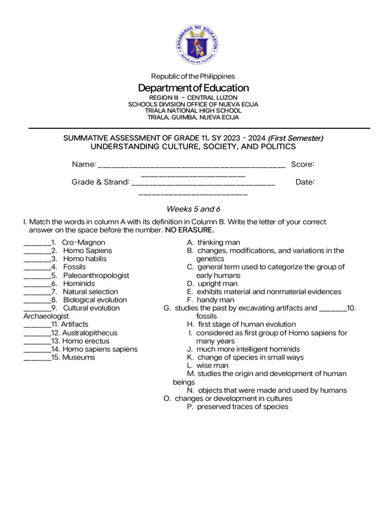 UCSP Week 5 6 Summative Assessment | PDF | Homo | Human Evolution