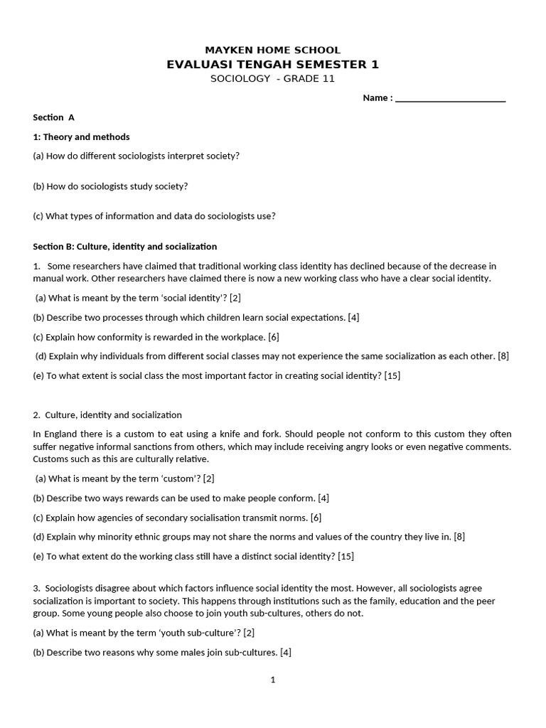 sociology_test | PDF | Socialization | Identity (Social Science)