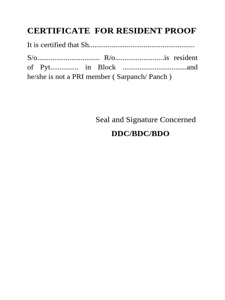 Certificate for Resident Proof | PDF