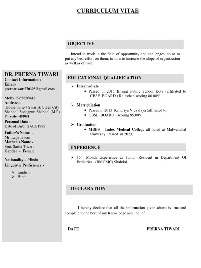 Dr. Prerna Tiwari's CV | PDF