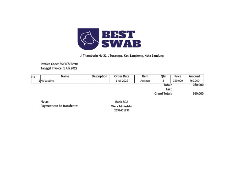 Invoice Anitgen 1 Juli 2022 - NC Vaccine | PDF