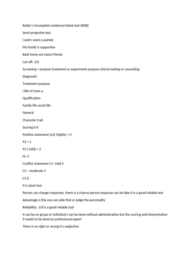 Rotter's Incomplete Sentences Blank Test | PDF