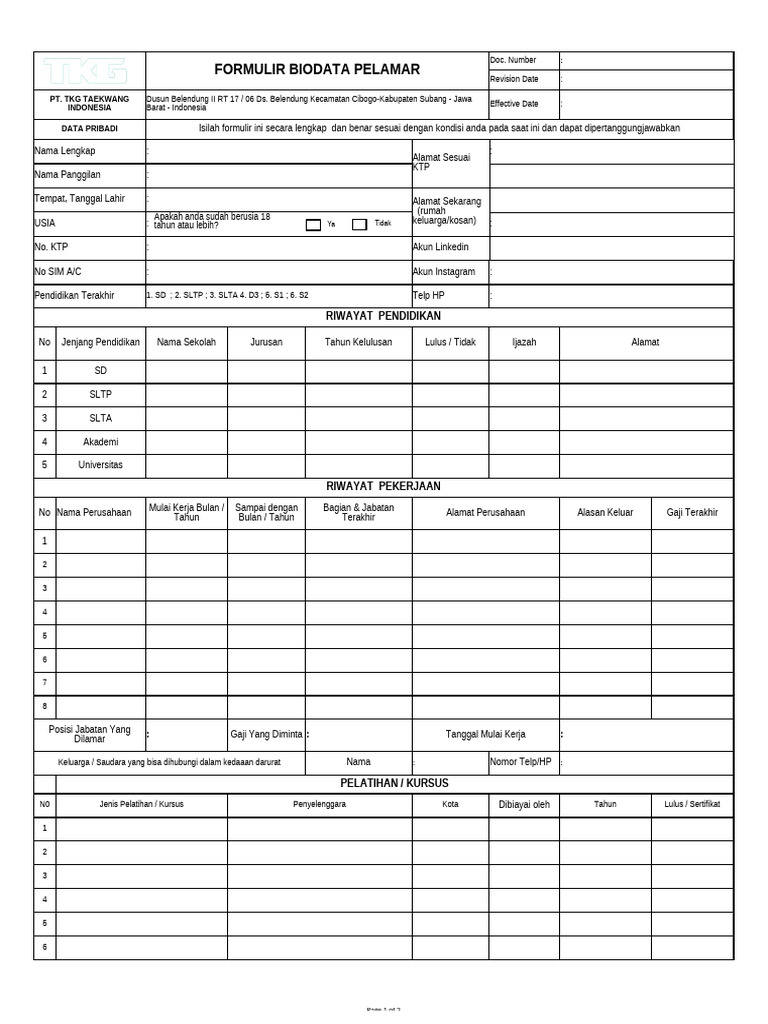 Form Biodata Pelamar - 2024 | PDF