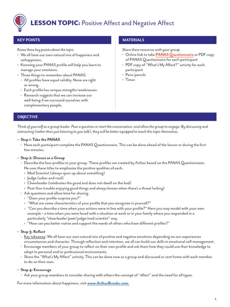 PANAS Lesson Plan-1 | PDF | Affect (Psychology) | Emotions