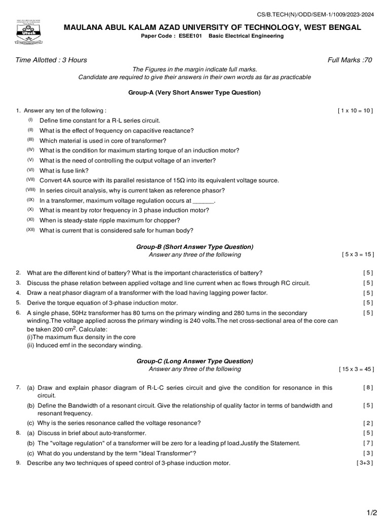 MAKAUT_BEE_QP_2023-24 | PDF | Transformer | Electric Motor