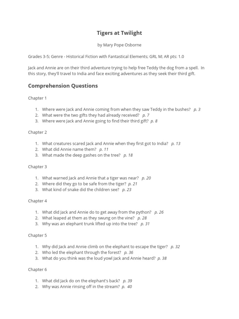 Tigers At Twilight Comprehension Guide Pdf