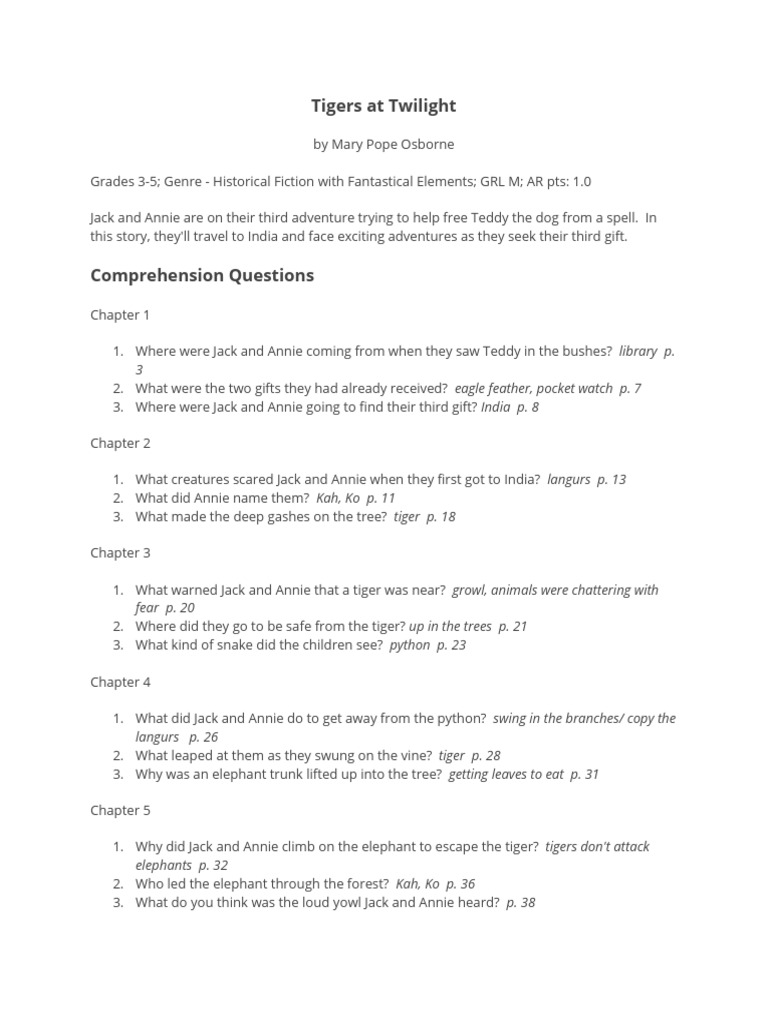 Tigers at Twilight - Comprehension Questions With Answer | PDF