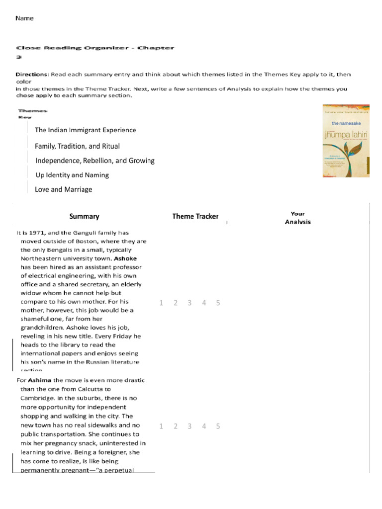 Close Reading Organizer Chapter 3 | PDF