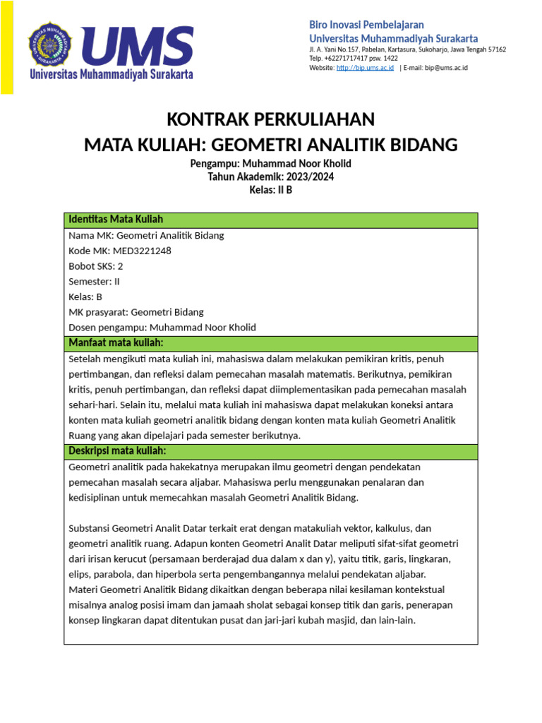 Contoh-kontrak Perkuliahan Mata Kuliah- Geometri Analitik Bidang | PDF