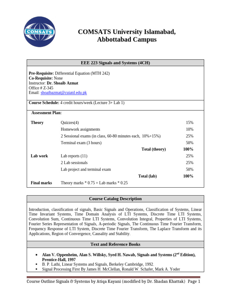 CourseOutline Sa Sp19.docx (Done) | PDF | Fourier Transform | Laplace ...