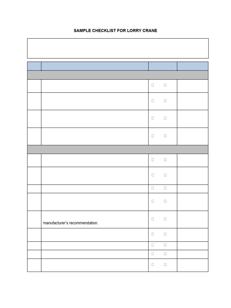 Lorry Crane Safety Checklist | PDF | Crane (Machine) | Truck