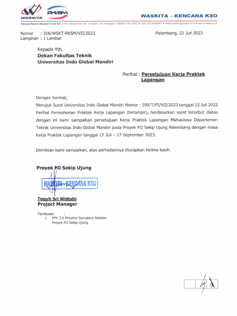 316 WSKT RKSM VII 2023 Persetujuan Kerja Praktek Lapangan | PDF