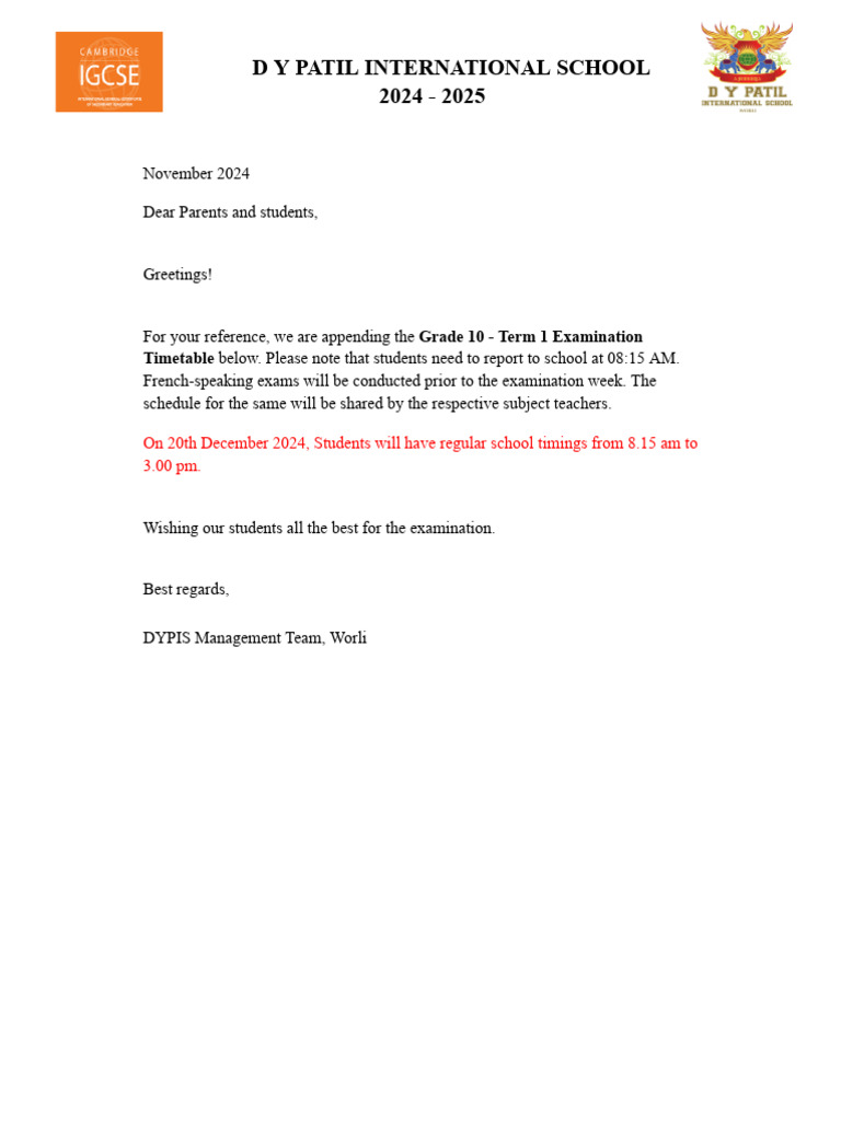 Grade 10 Exam Timetable 2024 | PDF