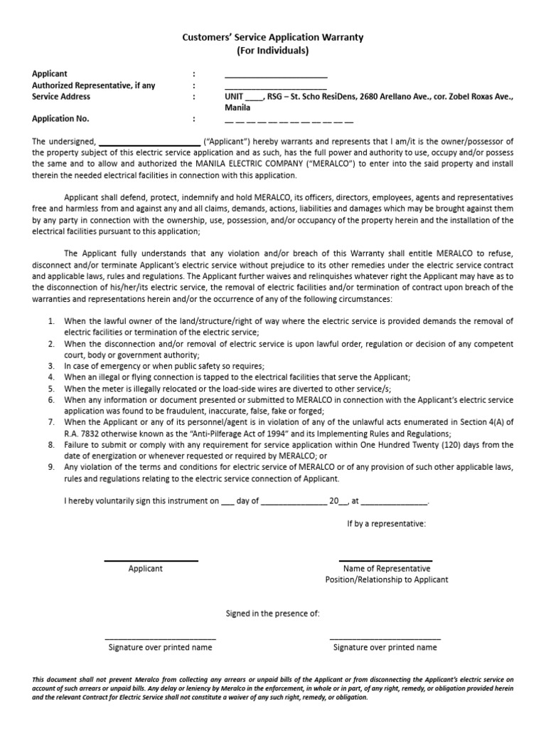 Meralco Service Application Warranty Form | PDF | Breach Of Contract ...