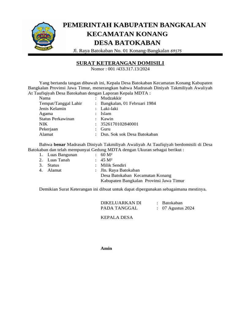 B.surat Keterangan Domisili MDTA DR Desa | PDF
